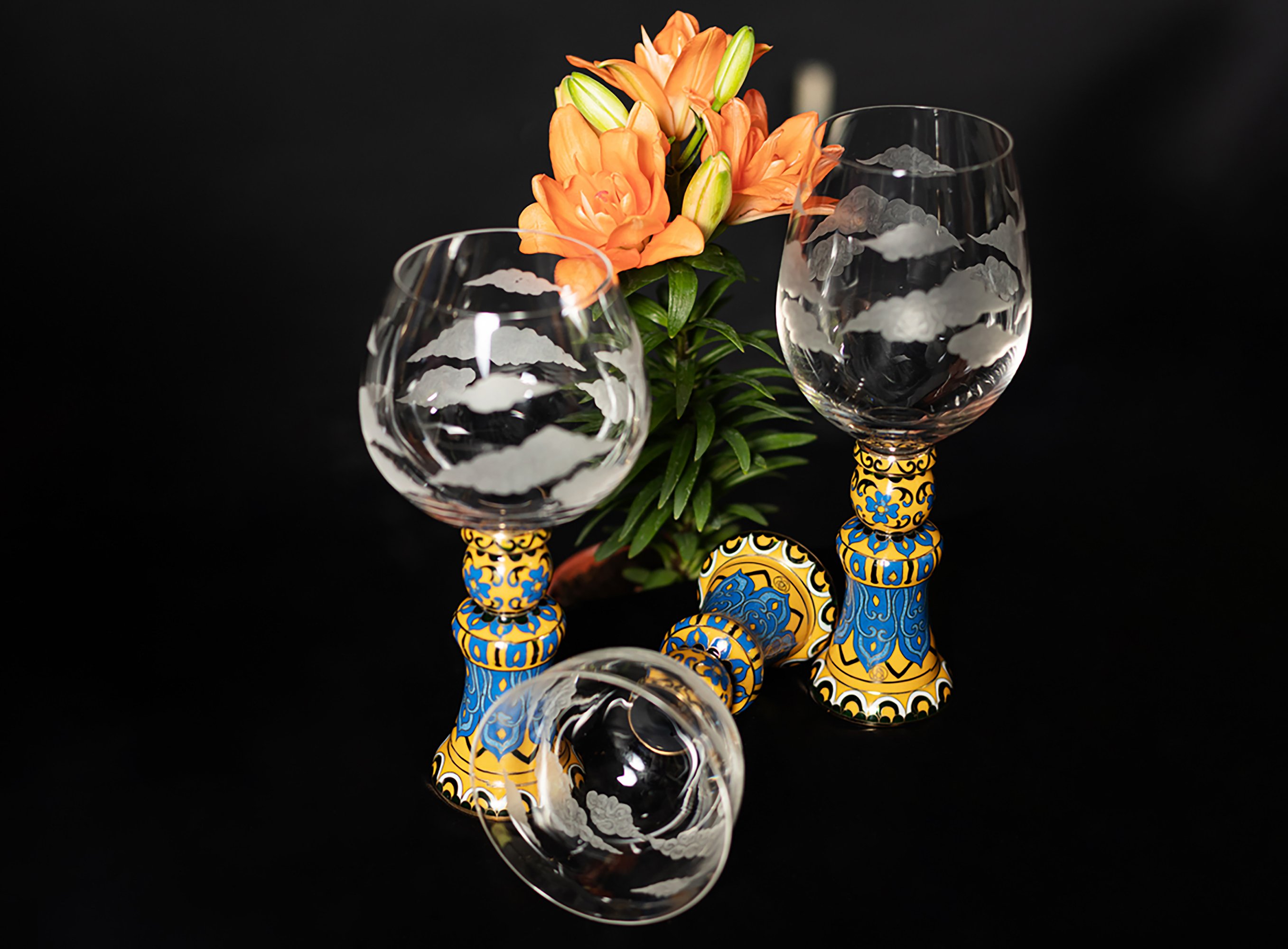 Set of 3 Chinese Cloisonne Crystal Goblets by Lotus Arts | Curio